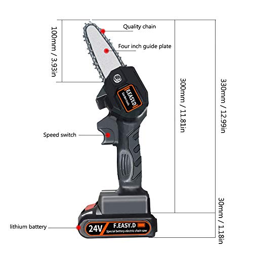 AOEIUV 24V Cordless Chainsaw, Mini Lithium Battery Electric Pruning Saw, 4 inch One-Hand Chainsaw with 2Ah Battery and Charger, for Tree Branch Wood Cutting,1pcs Battery