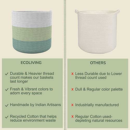 Eco Living Recycled Cotton Rope Basket - Multi-Purpose Woven Closet Storage Bins - Medium 11 X 11 X 11 Inches - Nursery & Kids Room Organizer - Fits 12X12β Cube Shelves - Set of 3 - White & Green