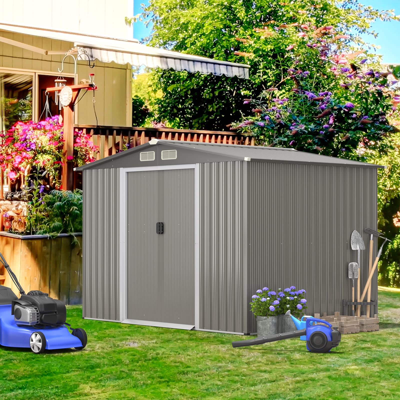 Goplus Outdoor Storage Shed, 8.5’ x 6.8’ x 6’ Weather-Resistant Utility Tool Organizer w/Foundation, 4 Louvers, Double Doors & Ramp, Galvanized Steel Tool Shed for Garden, Lawn, Yard