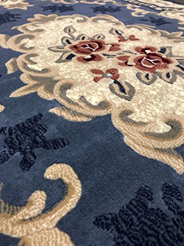 Traditional Aubusson Persian Area Rug Light Blue with Red Design 507 (5 Feet 3 Inch X 7 Feet 2 Inch)