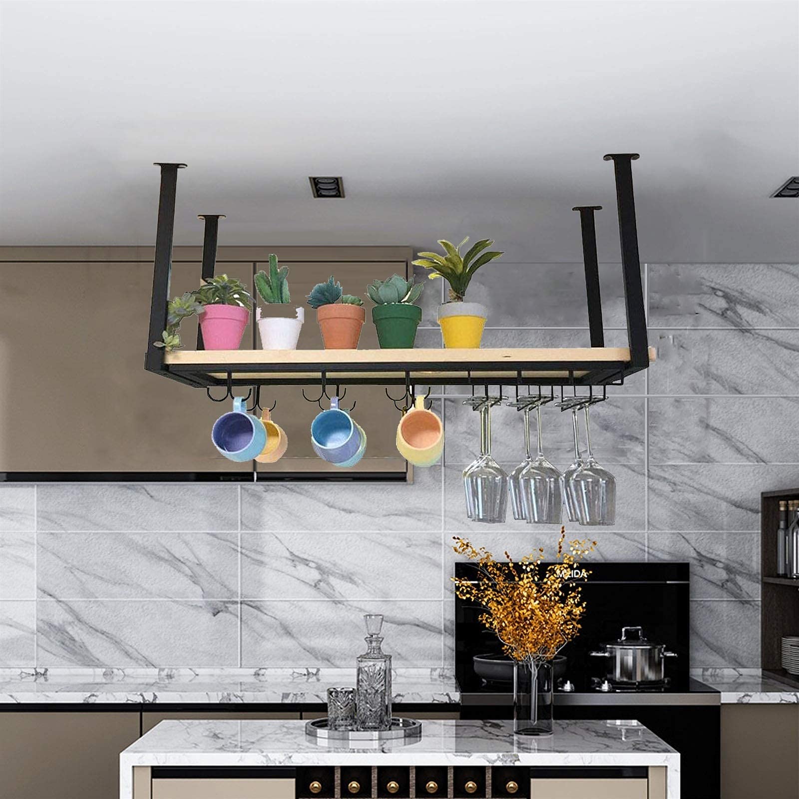 BDDIE Wine Racks,Ceiling Shelf Ceiling Wine Rack,Hanging Wine Glass Racks Stemware Holder, Retro Ceiling Shelf Brackets,for Bars/Restaurants/Kitchens/60 * 30 * 50Cm