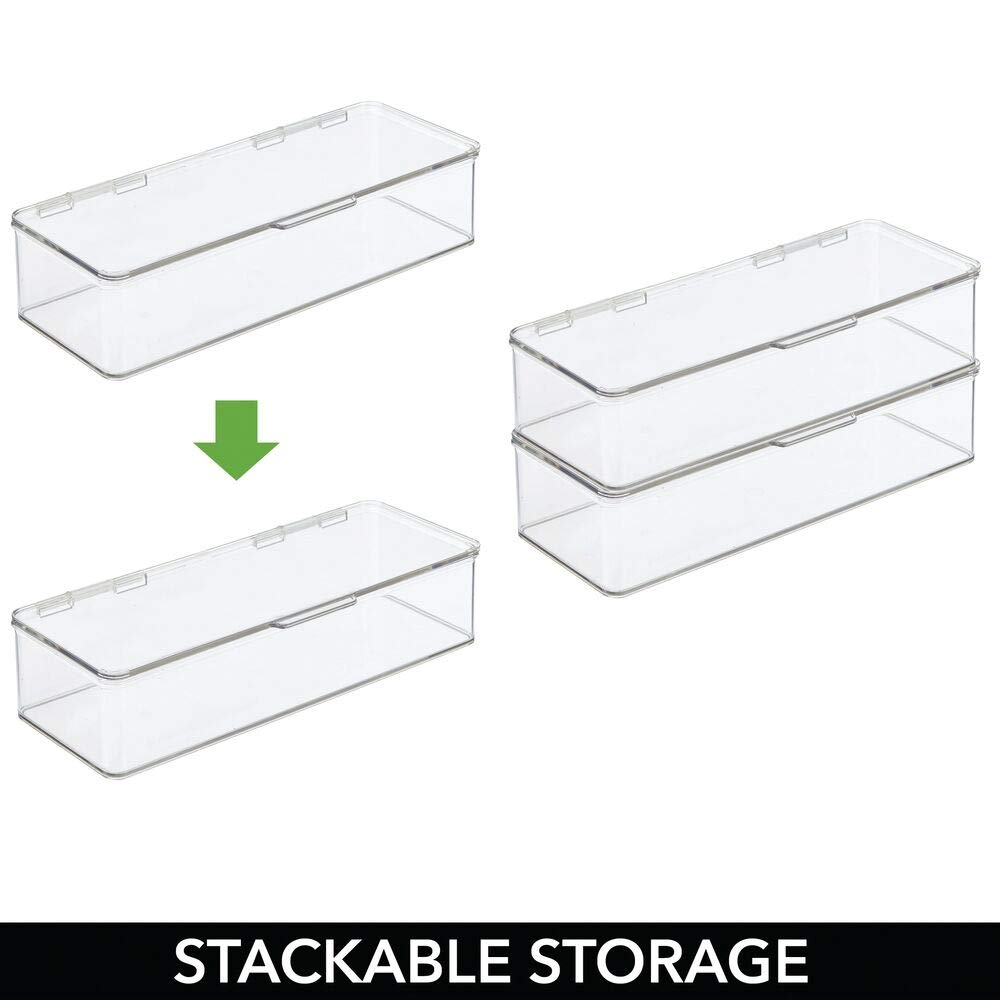 mDesign Long Plastic Cosmetic Storage Organizer Box Containers with Hinged Lid for Bedroom, Bathroom, and Vanity Shelf or Cabinet, Holds Masks, Palettes, Lotion, Astringents, or Nail Polish - Clear