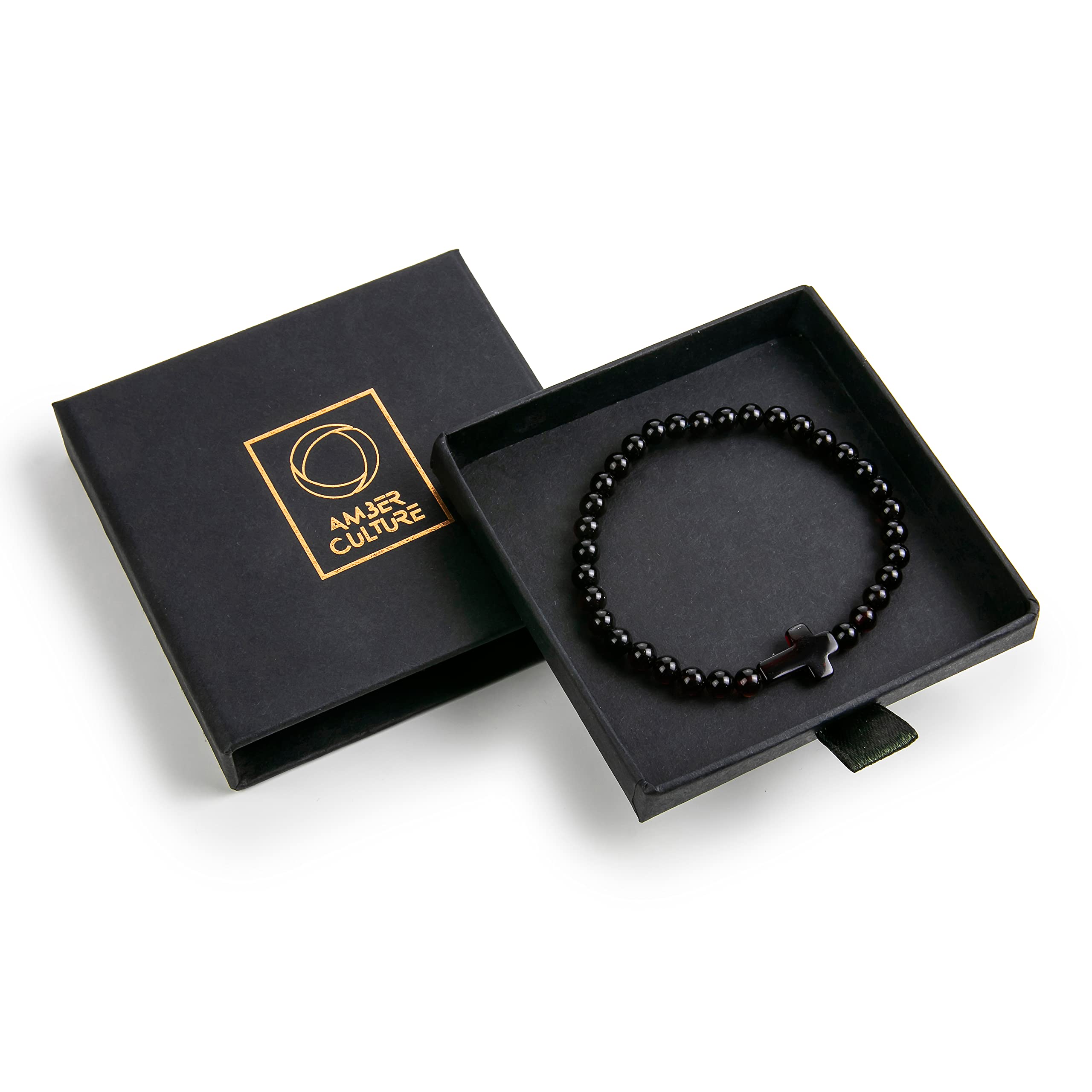Amber Culture Amber Cross Bracelet - Handmade 5mm Beads 100% Baltic Natural Baltic Amber Stone - Stretch Unisex with Gift Box Dark Cherry Color