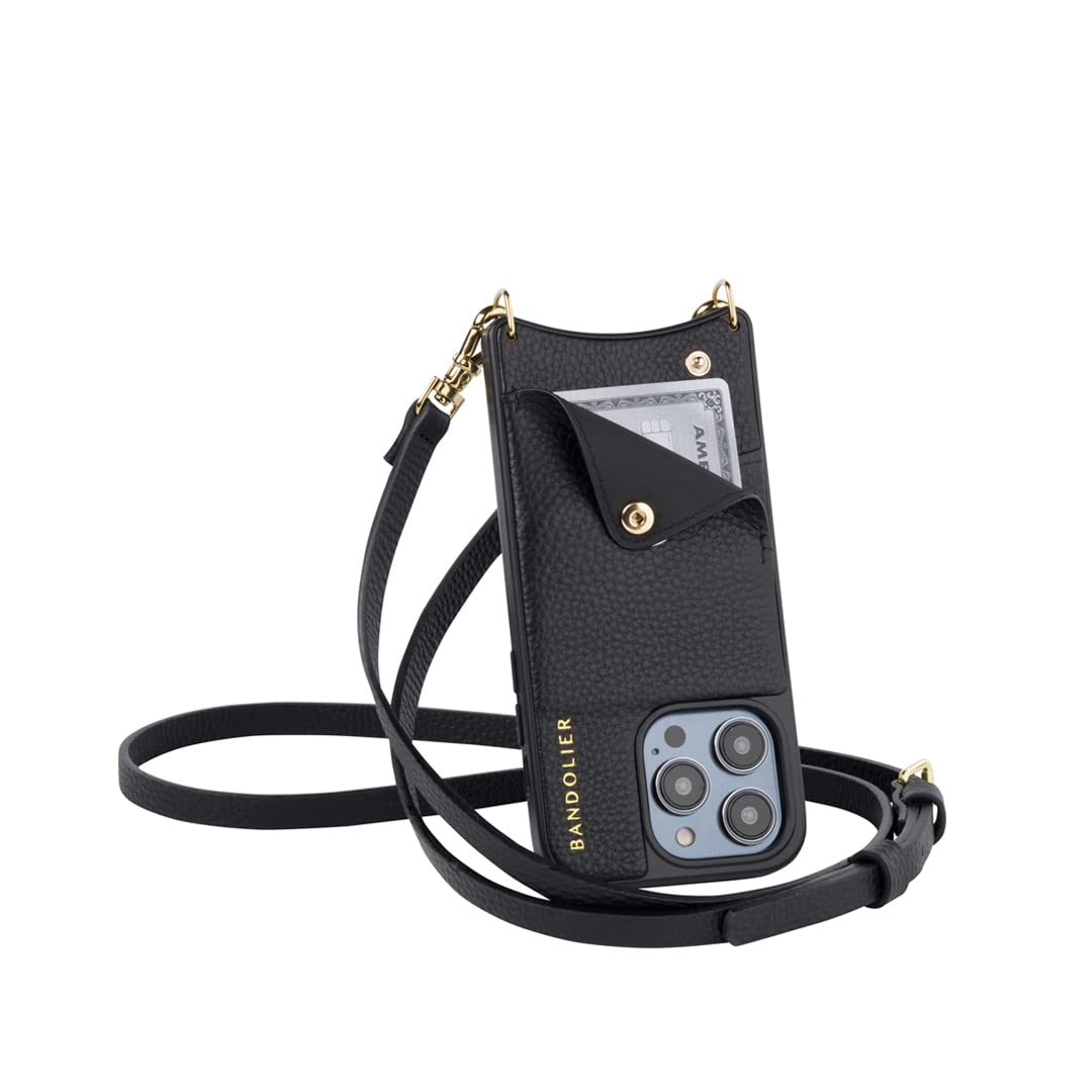 Bandolier Emma Crossbody Phone Case and Wallet - Compatible with iPhone 14 Pro Max Genuine Pebbled Black Leather with 2 Pockets and Removable Shoulder Strap