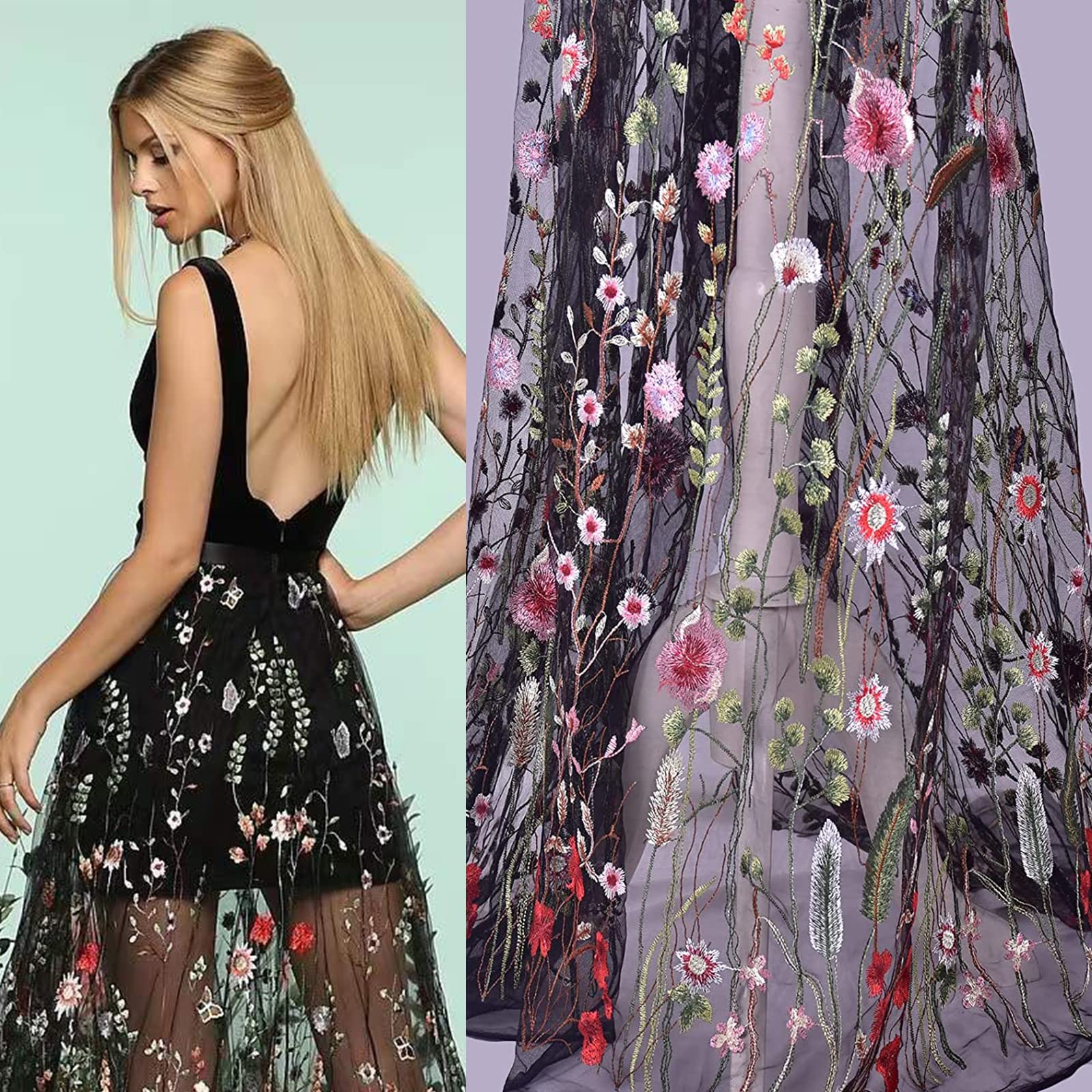 Black Lace Fabric, Exquisite Colorful Floral Flower Embroidered Sewing Lace Fabric, Length 71" Width 59" Elegant Soft Tulle Dress Fabric for DIY Clothing Dresses Wedding (2 Yard)