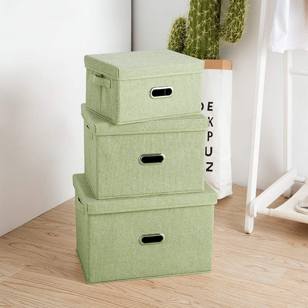 ANMINY 2 PCS Storage Boxes with Handles Removable Lids PP Plastic Board Foldable Lidded Cotton Linen Home Storage Cubes Bins Baskets Closet Clothes Toys Organizer Containers - Green, Small Size