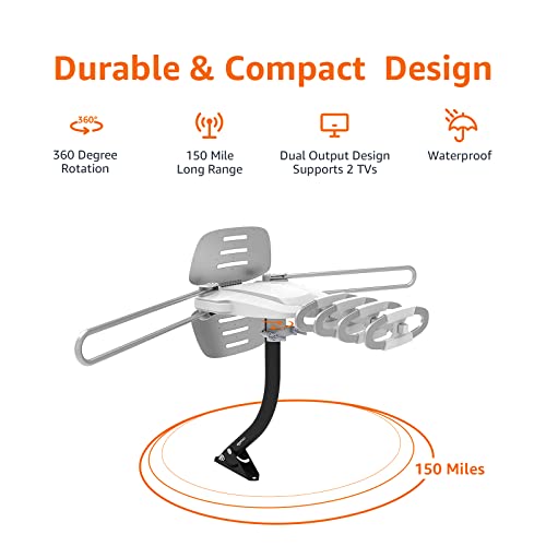 Amazon Basics HDTV Digital Amplified Outdoor TV Antenna with Mounting Pole - 360 Degree Rotation, 150 Mile Long Range