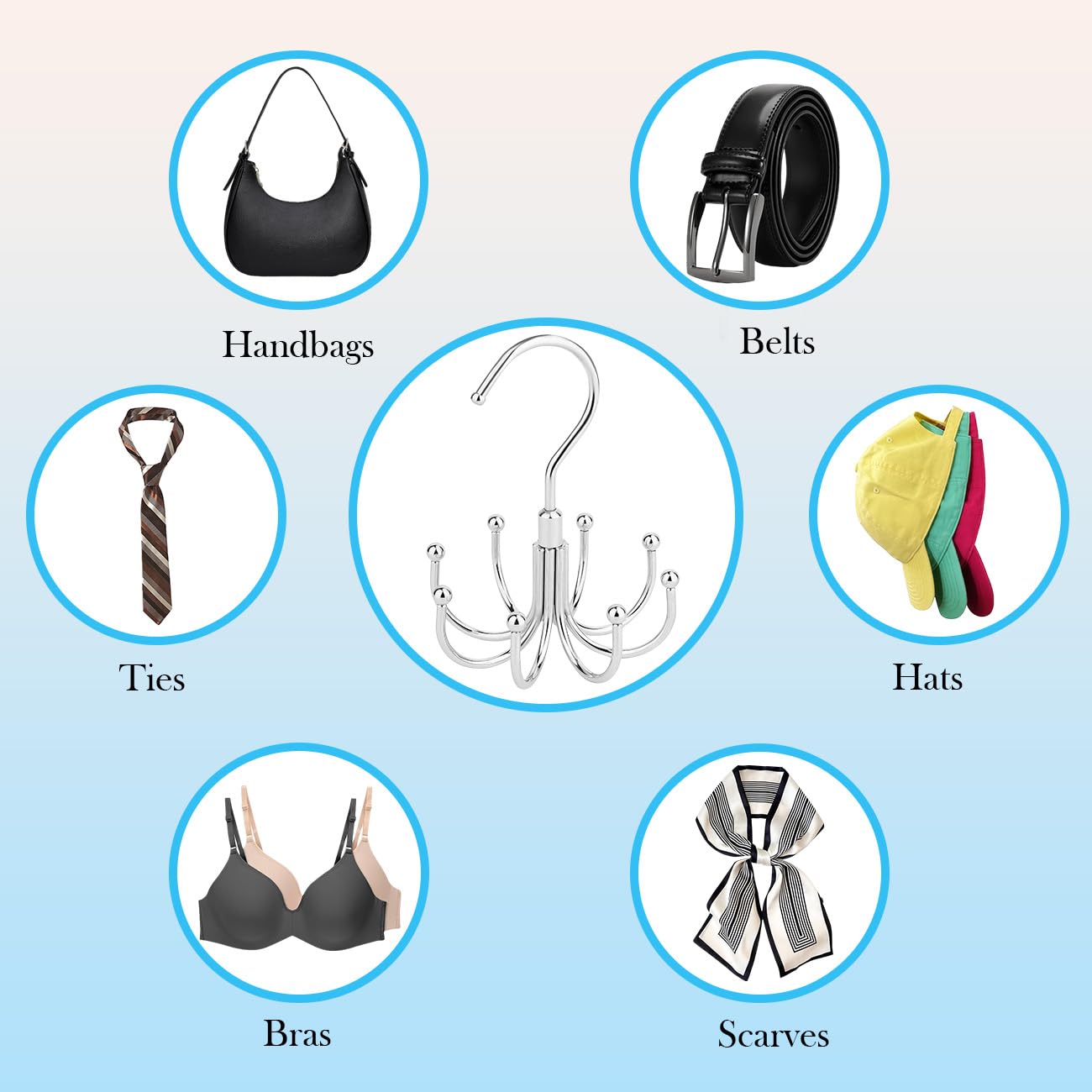 Belt Hanger, Belt Organizer for Closet Organizers and Storage, Rotatable Space Saving Hangers Rack Holder Hooks for Hanging Tie, Hat, Scarf, Tank Top, College Dorm Room Essentials Accessory Organizers