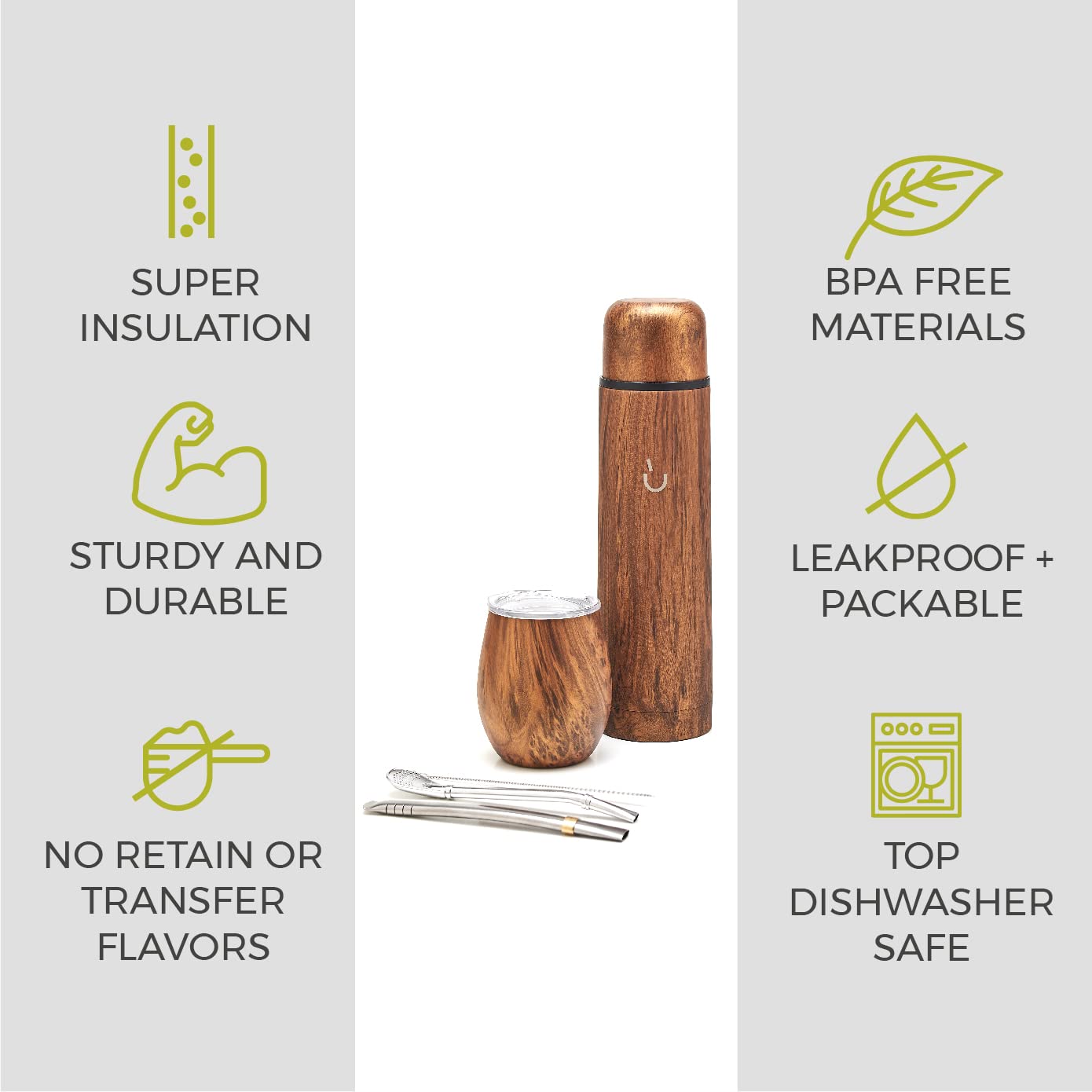 BALIBETOV Complete Yerba Mate Set - Modern Mate Gourd, Thermos, Bombilla and Cleaning Brush Included - All Premium Quality 304 18/8 Stainless Steel (Wood)