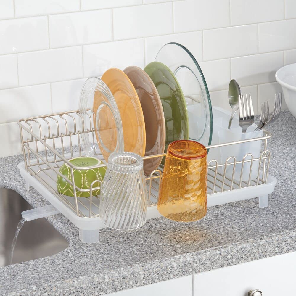 mDesign Large Metal Wire Kitchen Countertop, Sink Dish Drying Rack - Removable Plastic Cutlery Tray, Drainboard with Adjustable Swivel Spout - 3 Pieces - Satin/Clear Frost