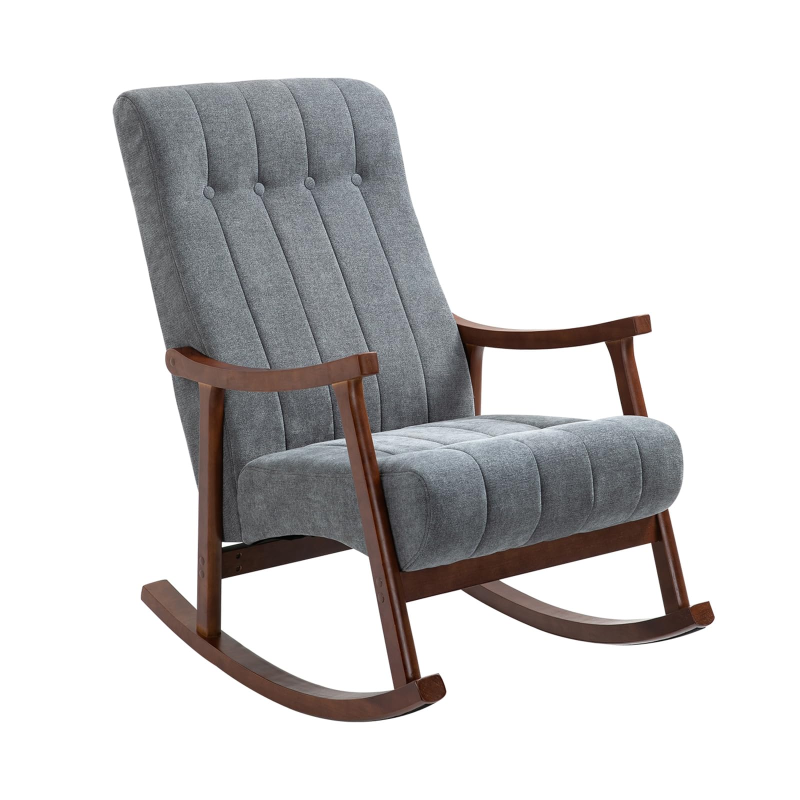 AVAWING Upholstered Rocking Chair with Fabric Padded Seat,Comfortable Rocker Solid Wood for Living Room,Modern High Back Armchair,Adult Single Sofa,Old Man Chair (Dark Grey)