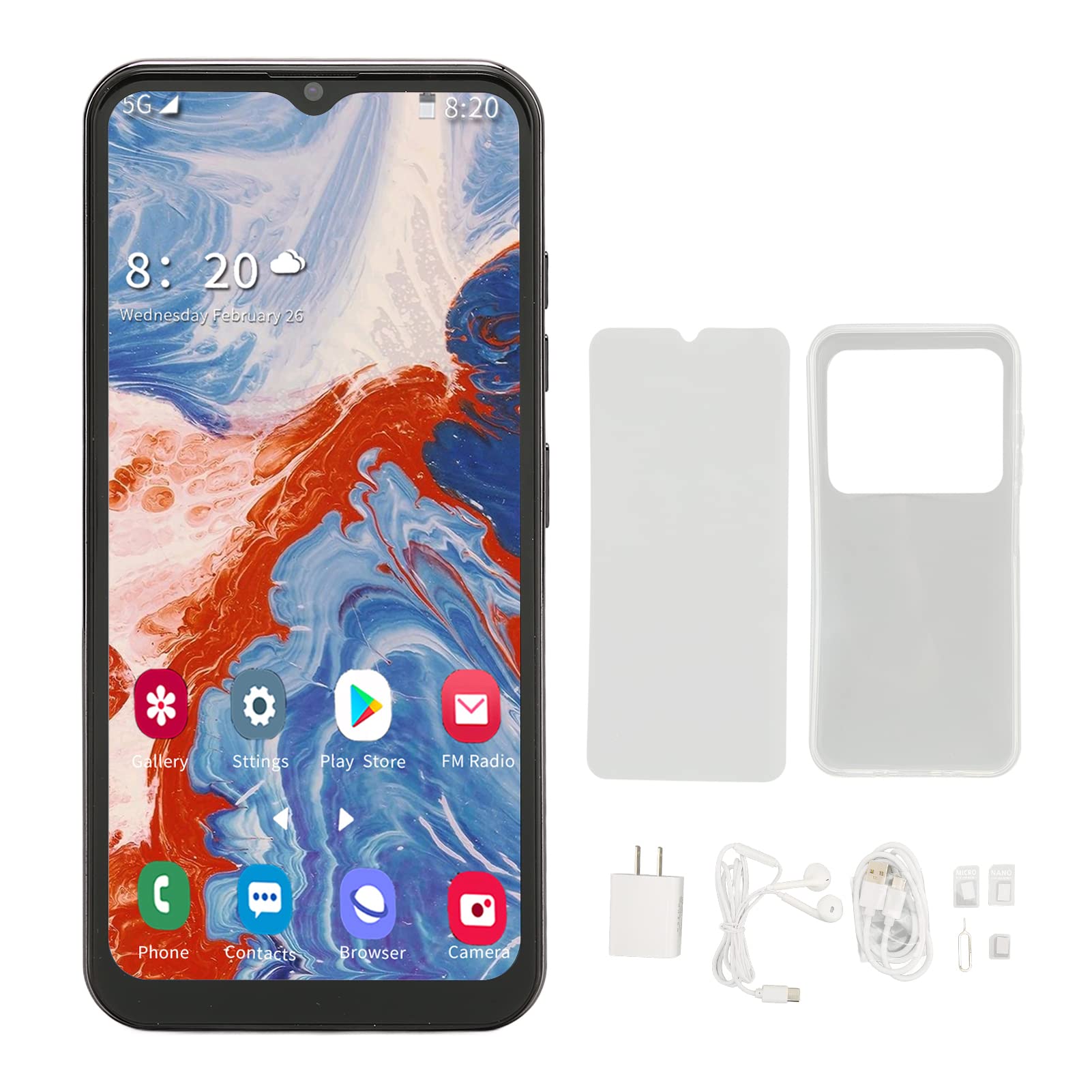 Black Cell Phone Unlocked Smartphone 5G 100-240V 6GB RAM 256GB ROM for Entertainment (US Plug)