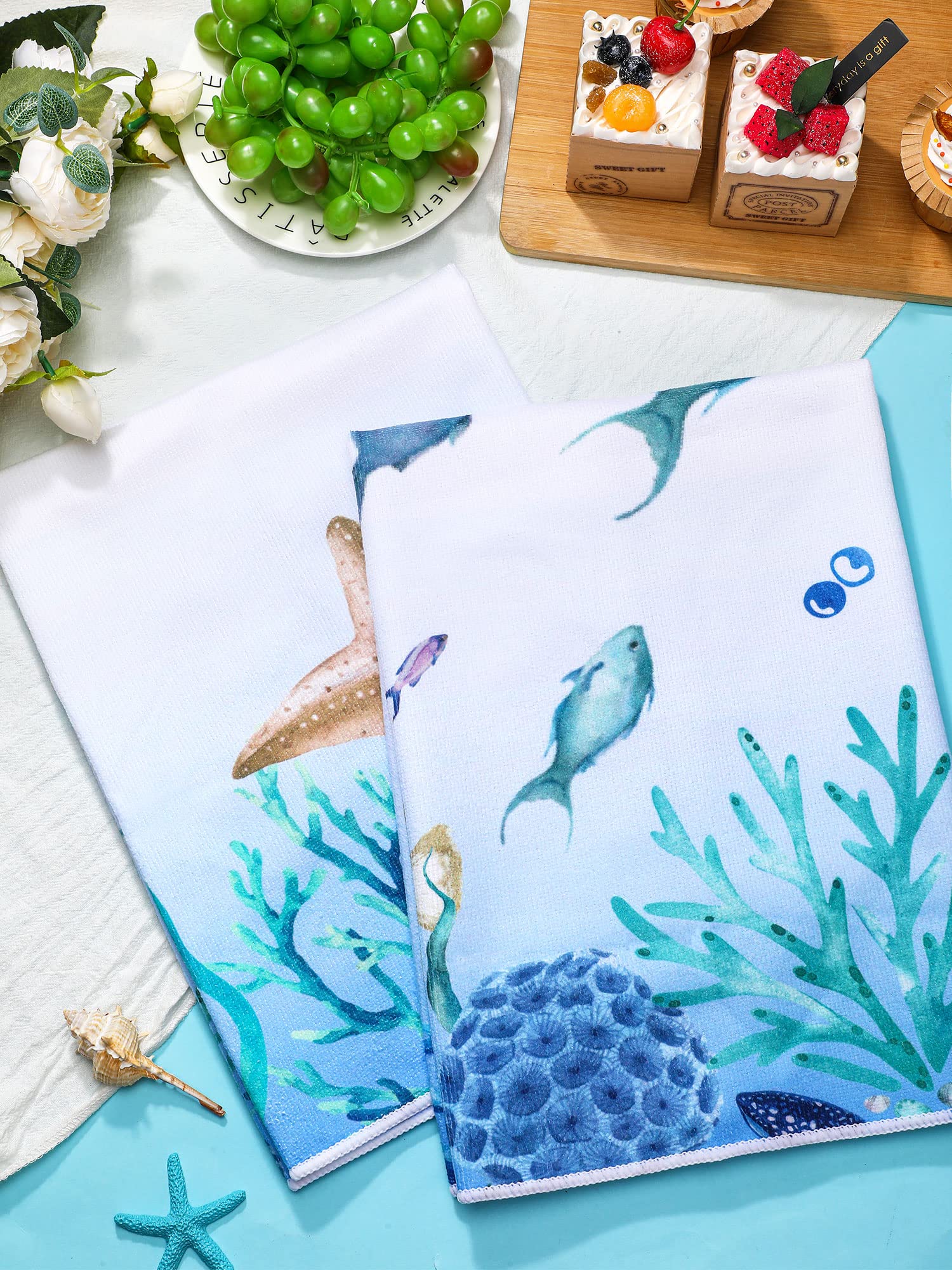 Bencailor 6 Pcs Sea Kitchen Towels Beach Dish Towels Set Turtle Ocean Animal Nautical Hand Towels for Kitchen Decorative Soft Dish Cloths Absorbent Kitchen Tea Towels (Animal Style)