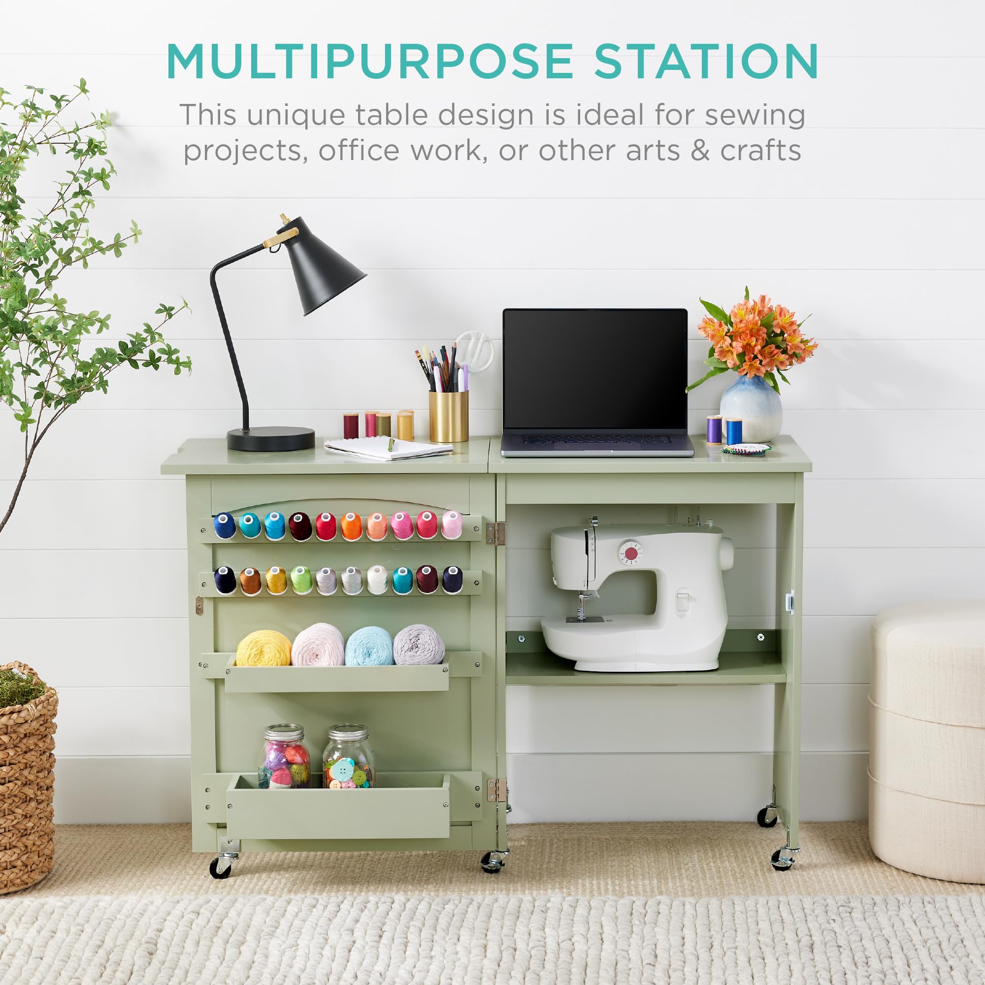 Best Choice Products Folding Sewing Table Multipurpose Craft Station & Side Desk with Compact Design, Wheels, Shelves, Storage Trays, Pegs, Magnetic Doors, Metal Doorknobs - Light Green