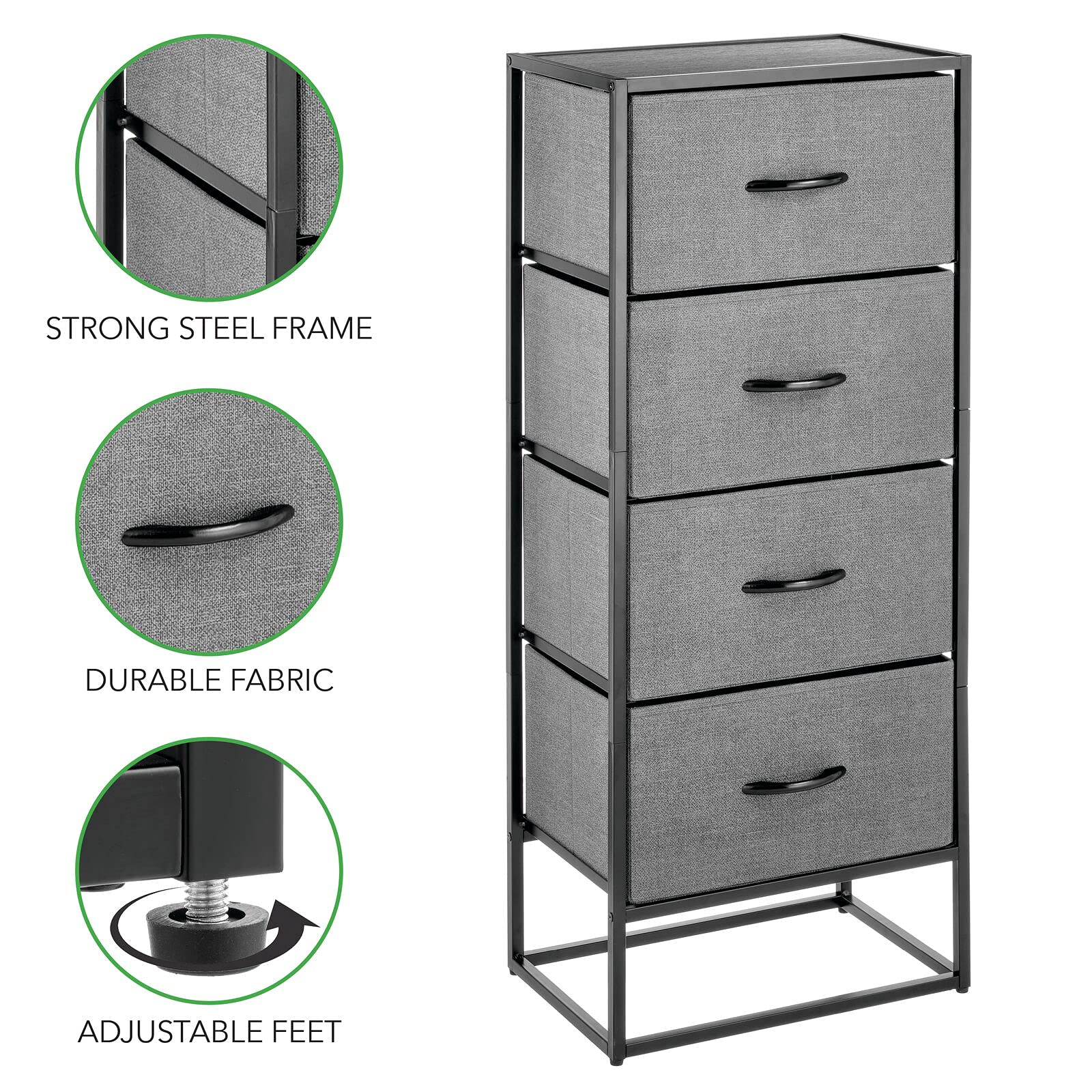 mDesign Tall, Vertical 4-Drawer Dresser Storage Tower - Sturdy Steel Frame, Easy Pull Fabric Bins/Wood Handles - Organizer Unit for Bedroom, Hallway, Entryway, Closets - Charcoal Gray