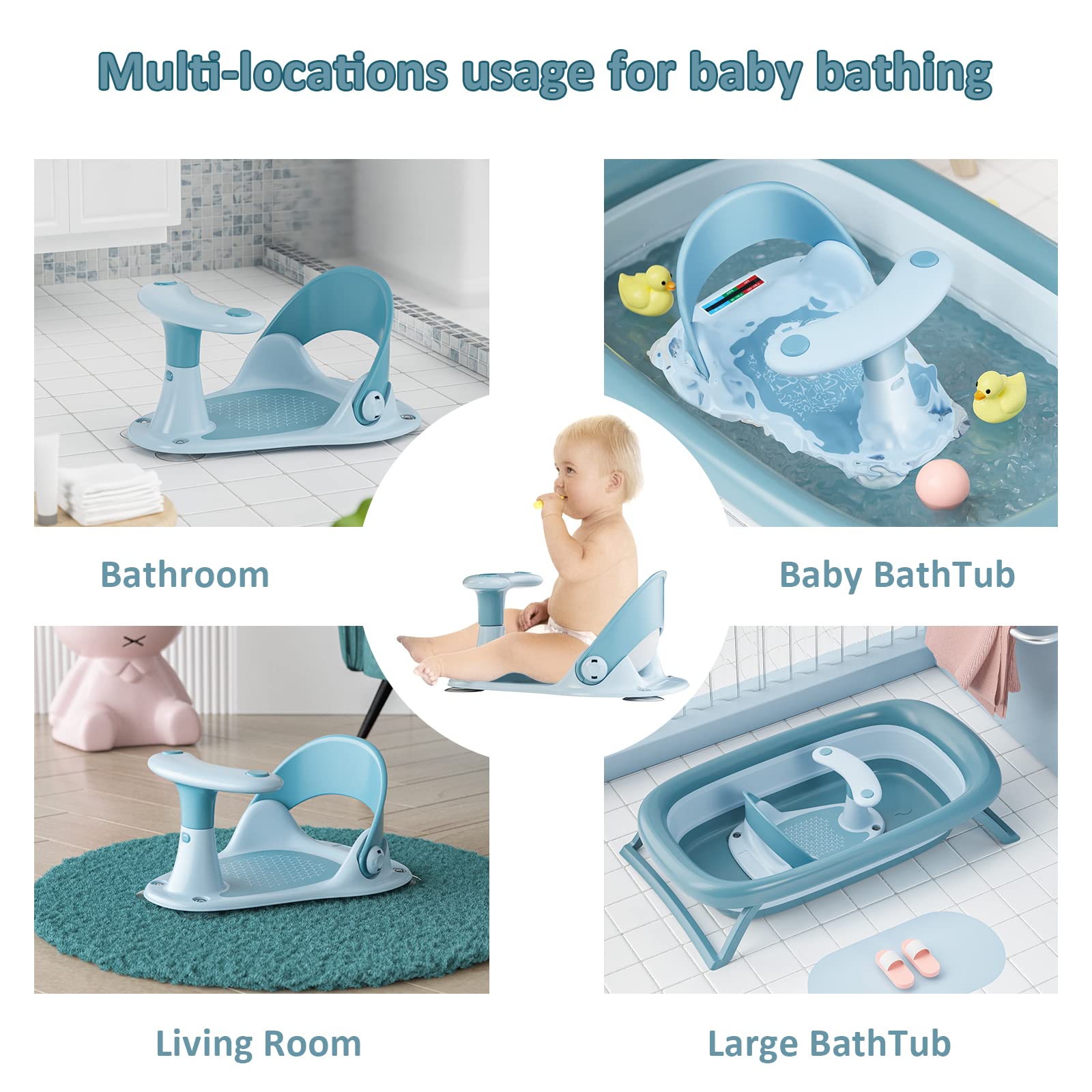 Baby Bath Seat [Original] – 3 Bath Toys + Shower Cap + Bath Brush + Thermometer + Rinse Cup – 4 Anti-Slip Suction Cups – Soft Silicone Cushion – Foldable Design – Ideal Gift for Infants 6-36 Months!