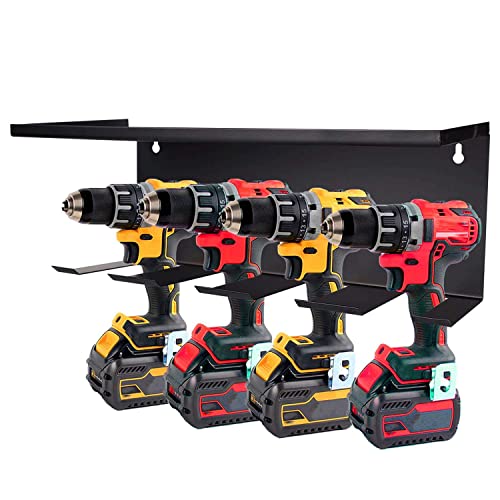 Drill Storage Rack Metal Tool Organizer Power Tool Holder Steel Rack With 4 Drill Charging Slots Tool Storage Organizer Garage Charging Station Hanging Wall Mount, Holds Drills, Batteries, Accessories