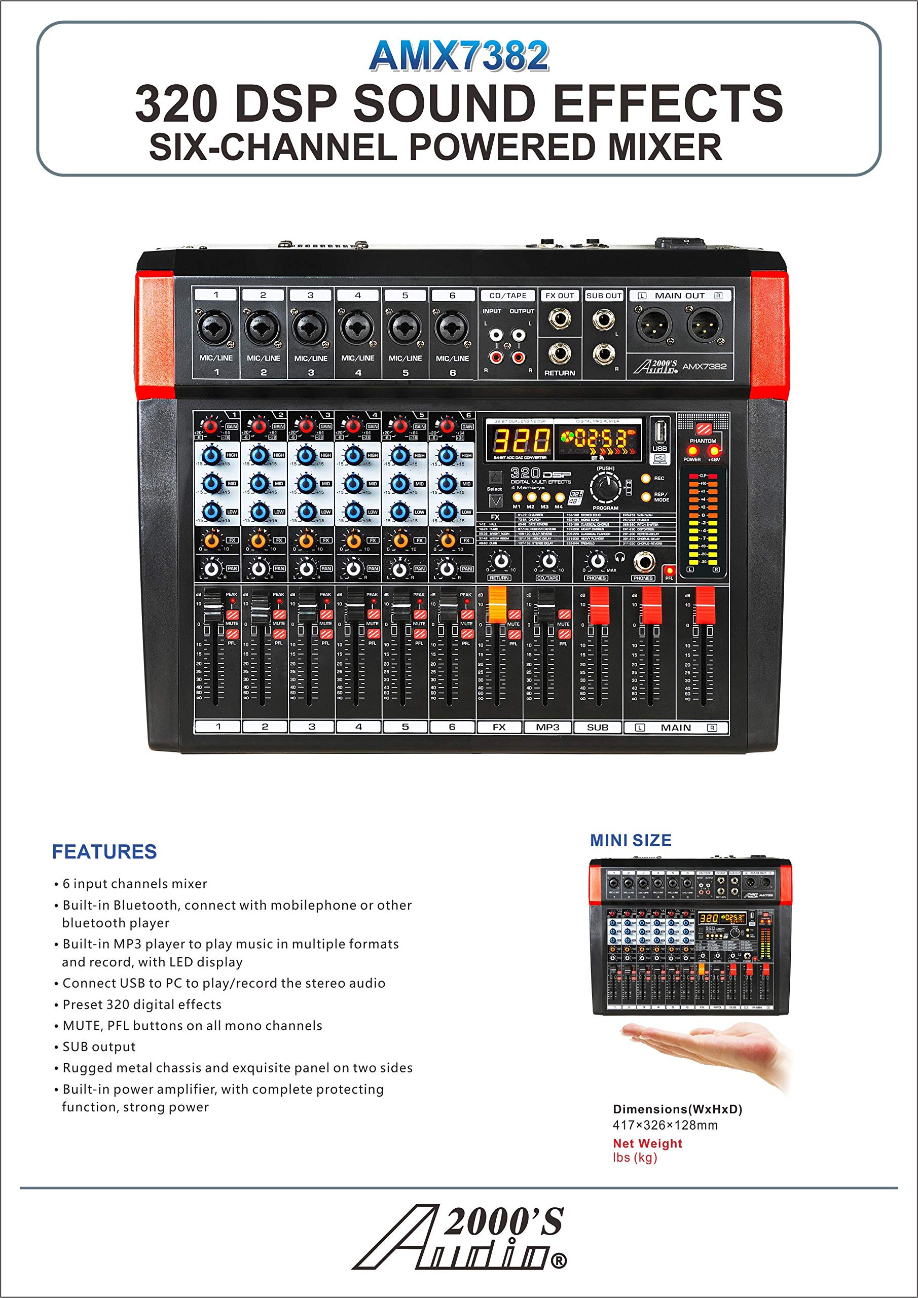 Audio2000'S AMX7382 Six-Channel Powered Audio Mixer with 320 DSP Sound Effects, Stereo Sub Out with Sub-Out Level-Control Fader, Level-Control Faders on All Channels, and USB/Computer Interface