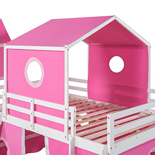 BOVZA Castle Full Low Loft Bed with Slide Pink Tent and Tower for Kids Teens Boys Girls, Pink