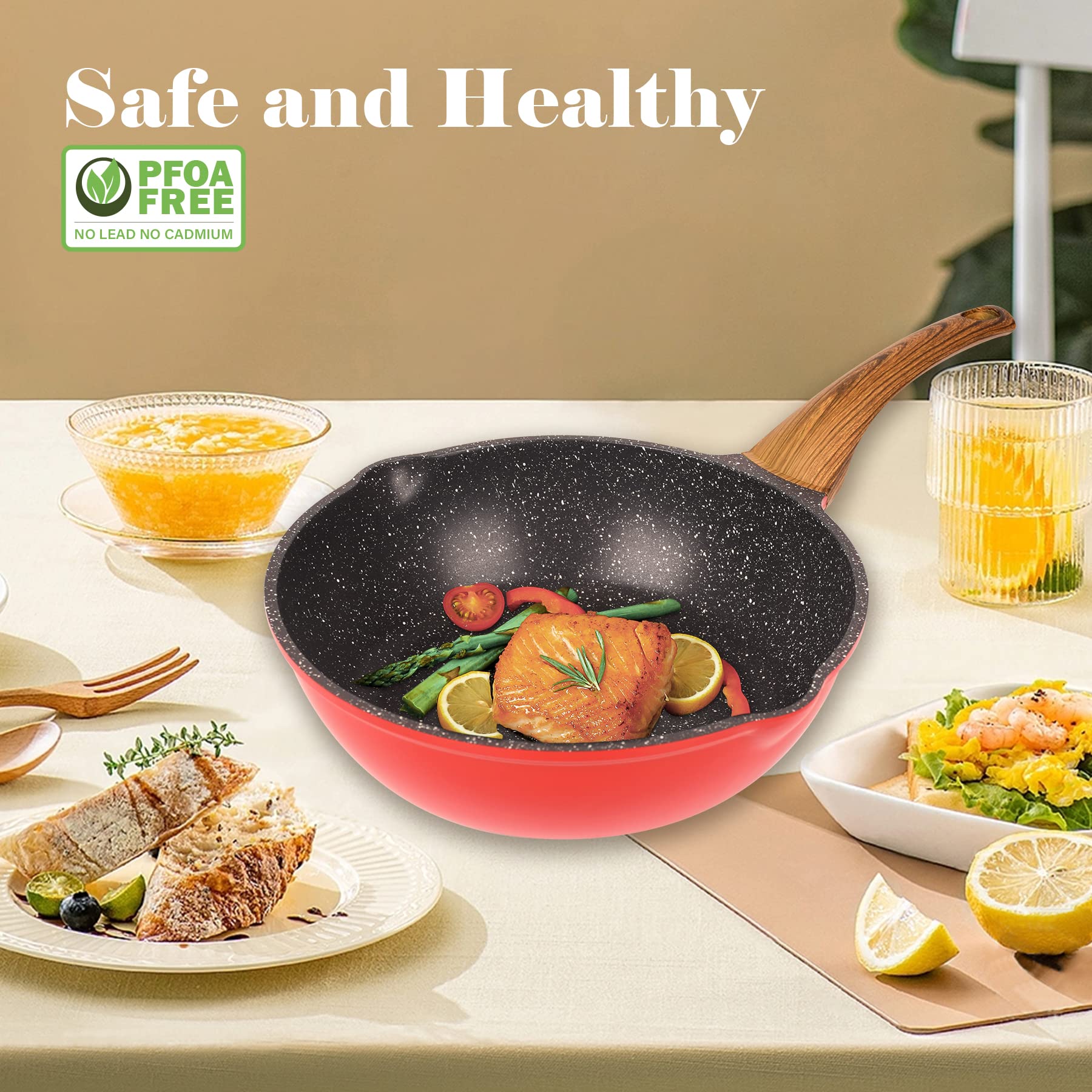 Minluful 11 Inch Nonstick Deep Frying Pan with Lid, Ceramic-Coated Skillet Wok Saute Pan with Wooden Handle