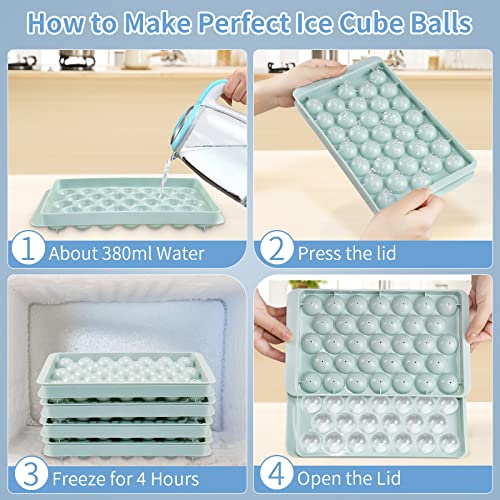 Ball Ice Cube Trays for Freezer: Round Ice Cube Tray with Lid - Circle Ball Ice Trays for Freezer with Bin - Sphere Ice Cubes Mold for Drinks - 4 Packs