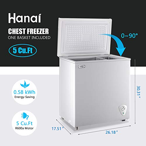 Chest Freezer Deep Freezer 5.0 Cu.Ft Mini Freezer White Free-Standing Top Door Freezer Adjustable 7 Thermostat and Removable Basket Open Deep Freezer Energy Saving Garage Basement Apartment Kitchen Business, White