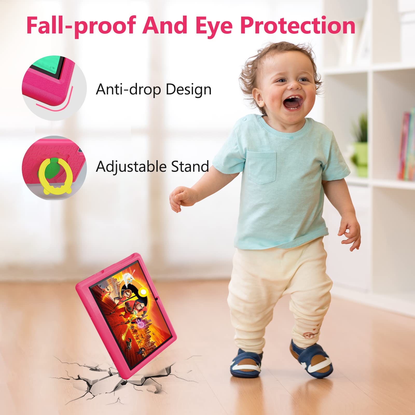 AMIAMO Kids Tablet 10 Inch, Android 13 Kids Tablet 10.1" Display 5000mAh Kidoz Pre Installed Parental Control Learning Tablet, 6GB+64GB Quad Core Processor Wi-Fi Bluetooth Kid-Proof Case (Pink)