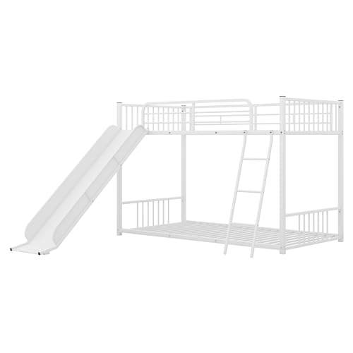 BOVZA Twin Over Twin Low Bunk Bed with Slide, Metal Bunk Bed Frame with Metal Slats Support and Guardrails for Kids Boys Girls Teens, No Box Spring Needed, White