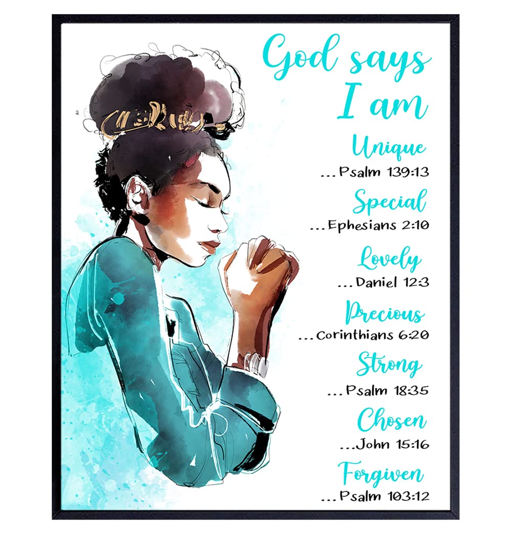 Bible Verse Wall Art & Decor - African American Women - God Says You Are - Inspirational Motivational Poster - Religious Christian Scripture Encouragement Gifts - Black Girls Bedroom - Blue - 8x10
