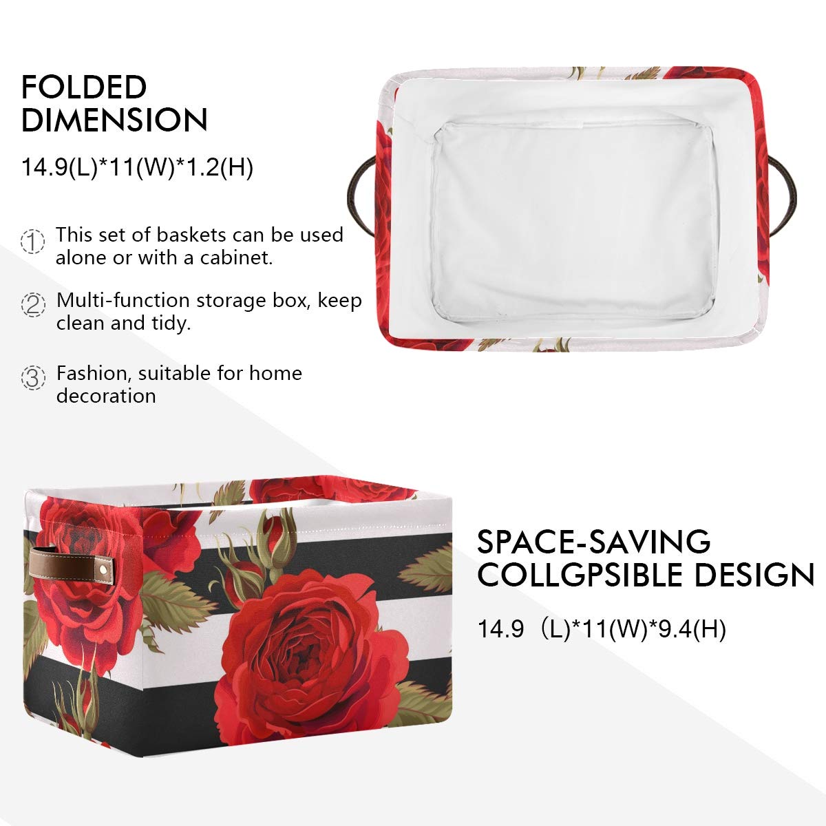 AUUXVA Red Rose Floral Flower Storage Basket Collapsible Cloth Storage Cube Basket Bins Organizer with Handles Rectangular Large Toys Shelf Closet for Nursery Bedroom Home Office