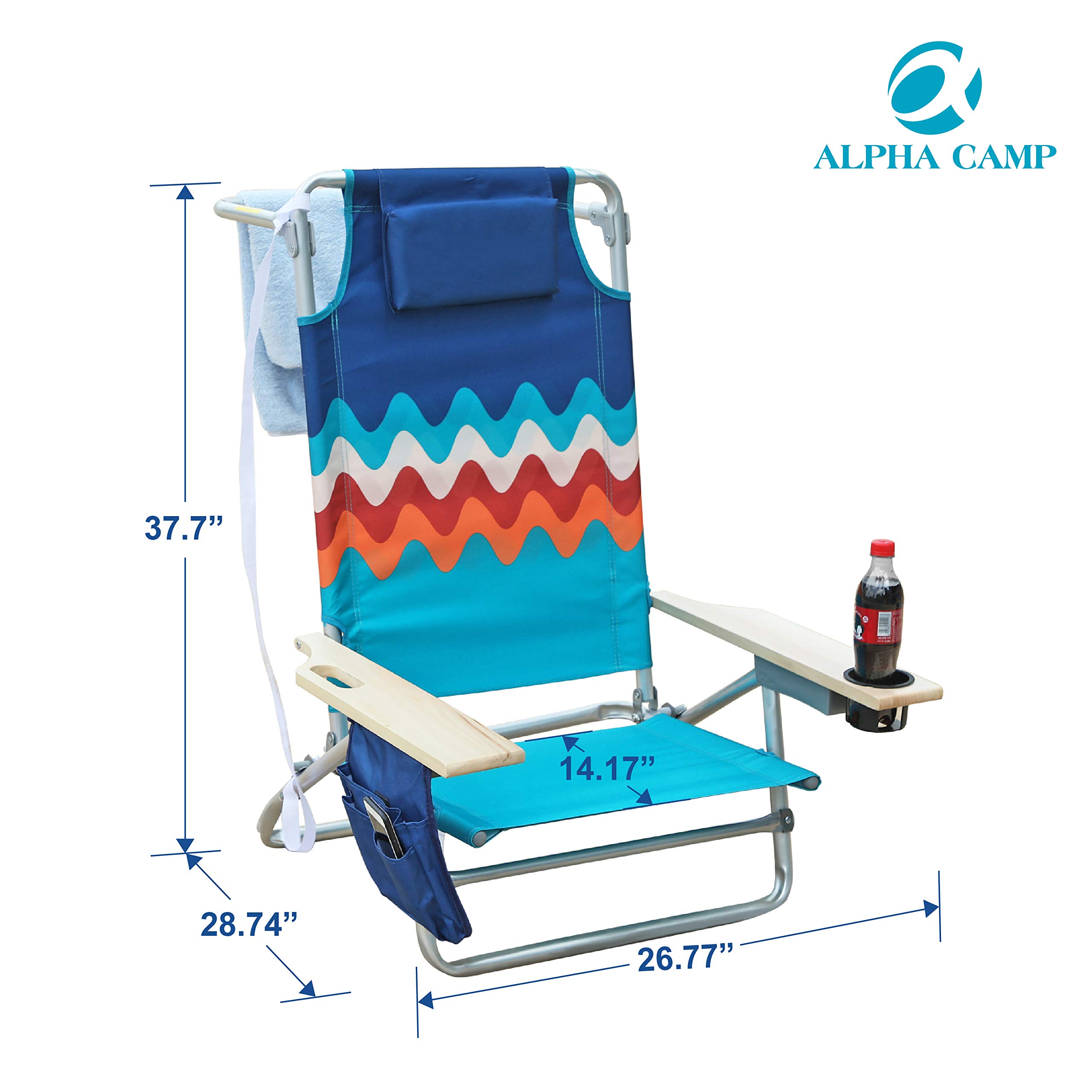 ALPHA CAMP Beach Chair With Cooler Bag Oversized Heavy Duty Steel Frame Support 250 LBS Collapsible Padded Camping Folding Chair with Cup Holder Quad Lumbar Back Chair Portable for Outdoor/Indoor,Wave