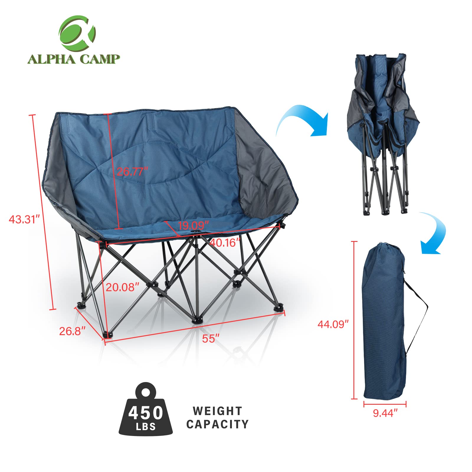 ALPHA CAMP Camping Chair Double Folding Chair Oversized Loveseat Chair Heavy Duty Support 450 LBS Oversized Steel Frame for Outdoor