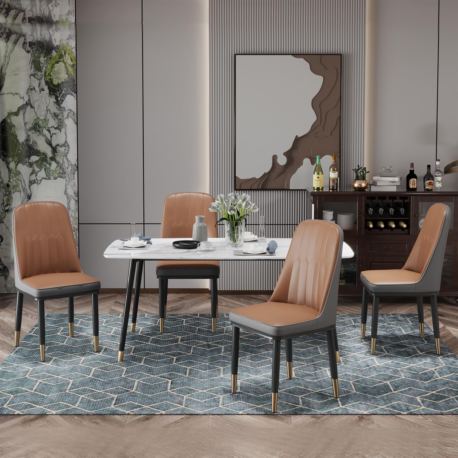 Aimerive Dining Chairs Set of 4, Upholstered Dining Room Chairs with Iron Gold Legs, Modern Armless Kitchen Chair Waterproof PU, Side Chairs with Soft Cushion for Living Room, Restaurant, Brown Grey