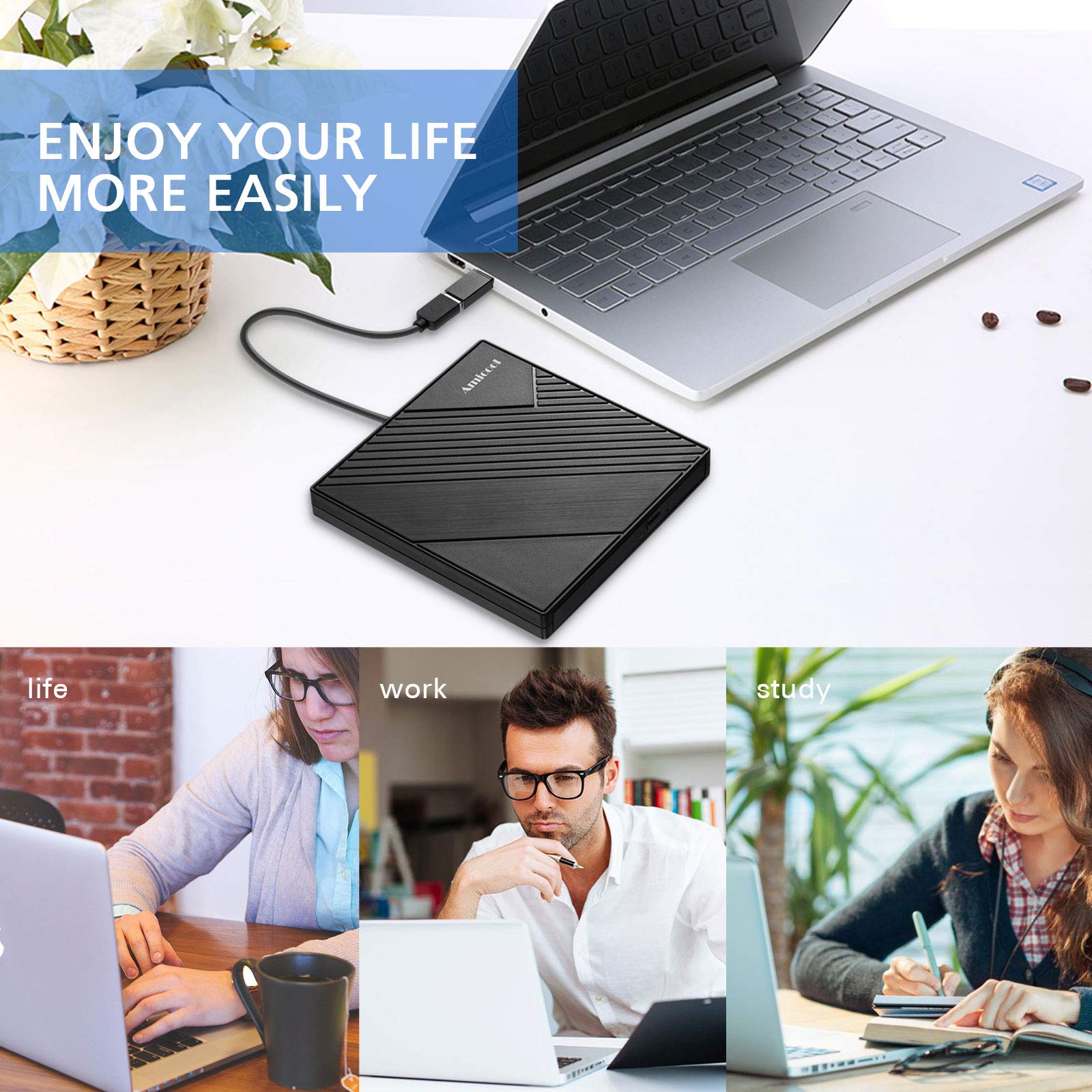 Amicool External DVD Drive USB 3.0 USB C CD Burner CD/DVD +/-RW Optical Drive Slim Portable DVD CD ROM Rewriter Writer Duplicator for Laptop Desktop PC Windows 10/8/7 MacBook Mac Linux OS Apple