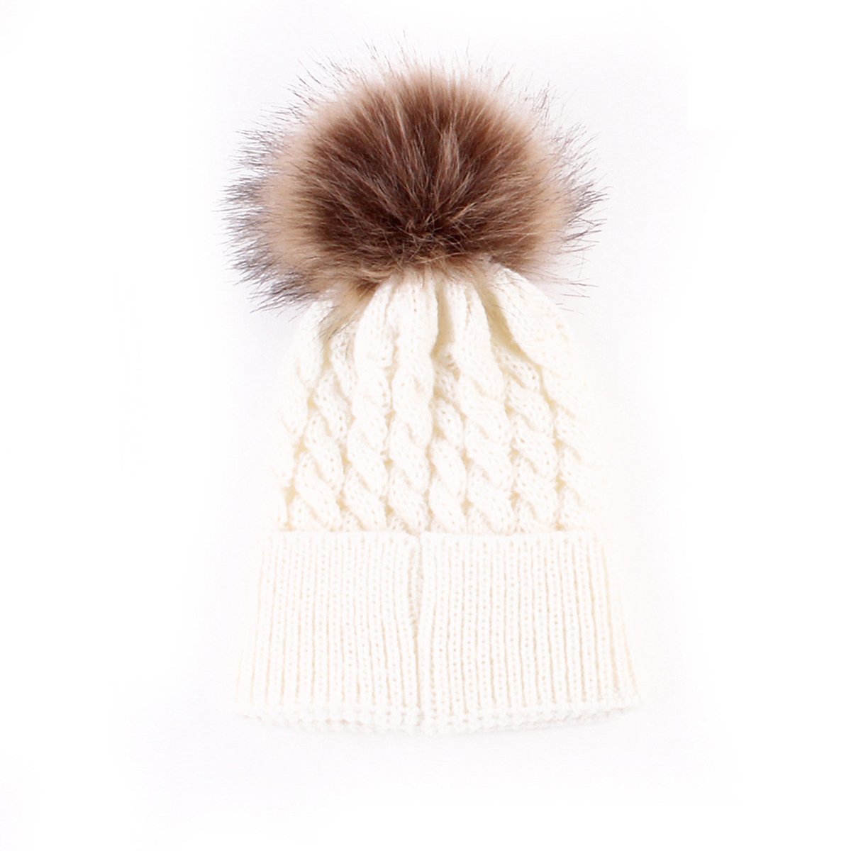 oenbopo Baby Winter Warm Knit Hat Infant Toddler Kid Crochet Fur Hairball Beanie Cap White