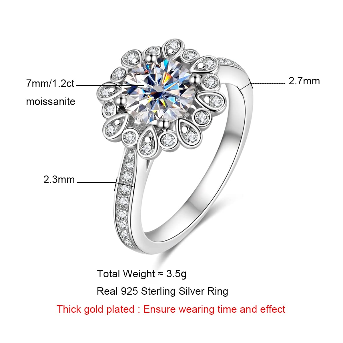 AnuClub 1.2ct Moissanite Halo Sunflower Engagement Ring, D-E Color Lab Created Diamond Sterling Silver Wedding Ring, Christmas Gift for Women Size 7.5