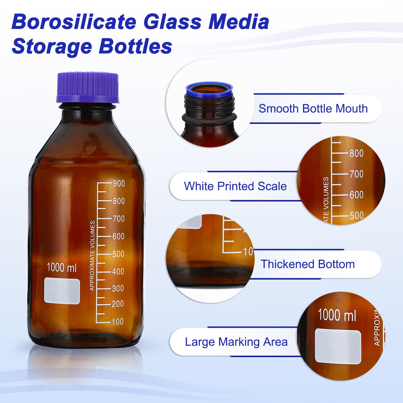 PATIKIL 4 Pack Reagent Media Storage Bottles, 1000ml Borosilicate Glass Graduated Round Bottles with GL45 Blue Screw Cap for Lab Water Reagent Liquids, Brown