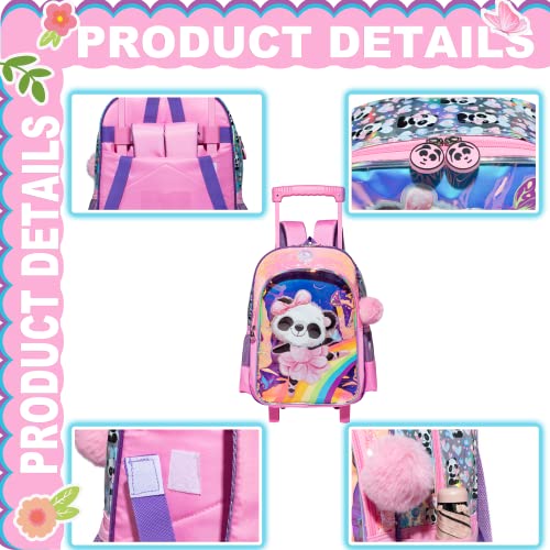ZBAOGTW Panda Rolling Backpack for Girls with Lunch Box Kids Backpack with Wheels for School Sequin Trolley Trip Luggage Rolling Backpack for Kindergarten Girls Elementary School
