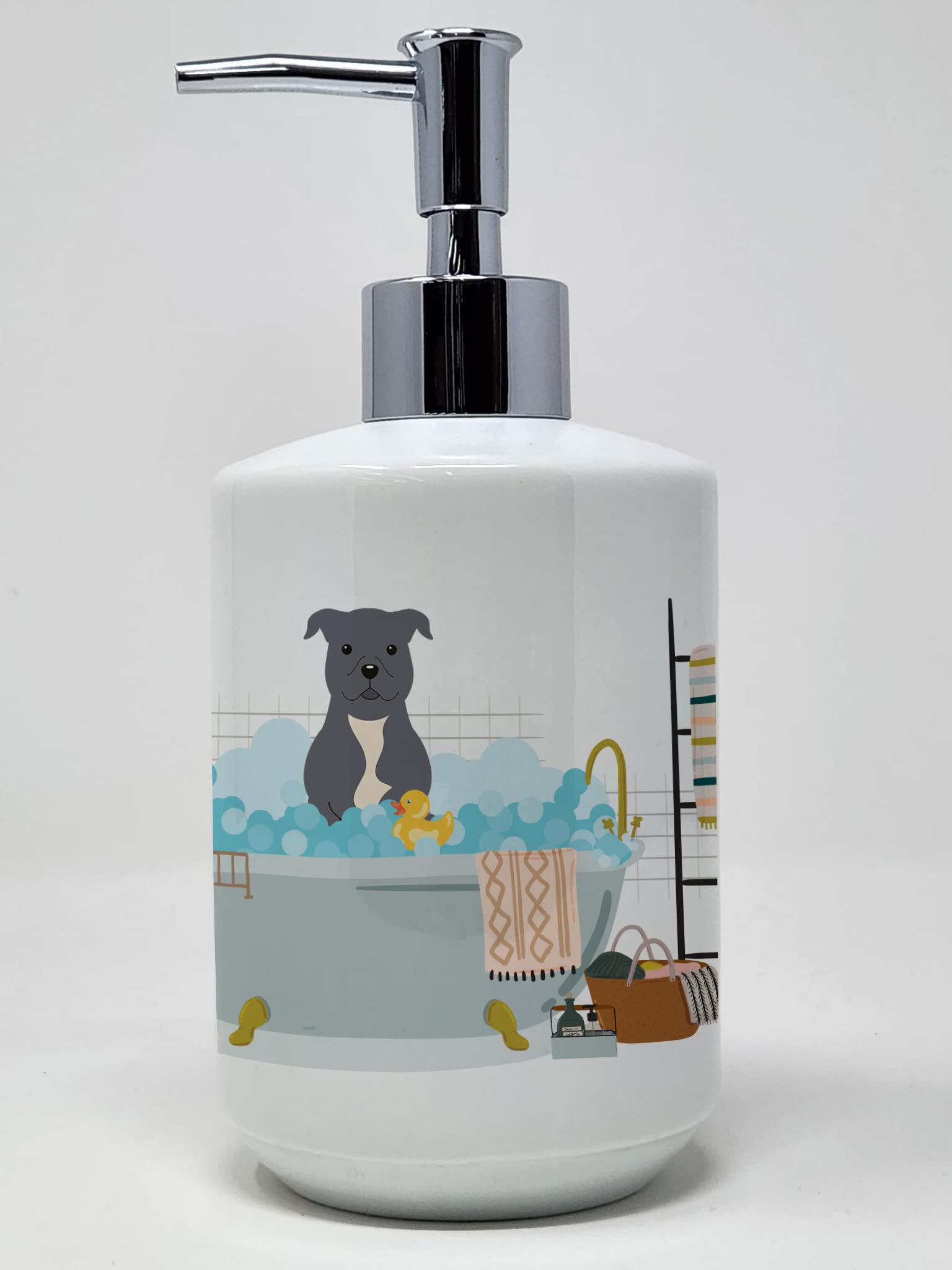 Caroline's Treasures WDK5743SOAP Blue Staffordshire Bull Terrier in Bathtub Ceramic Soap Dispenser Hand Soap Dispenser Pump Bottles for Bathroom Kitchen, Empty Refillable Liquid Soap Container