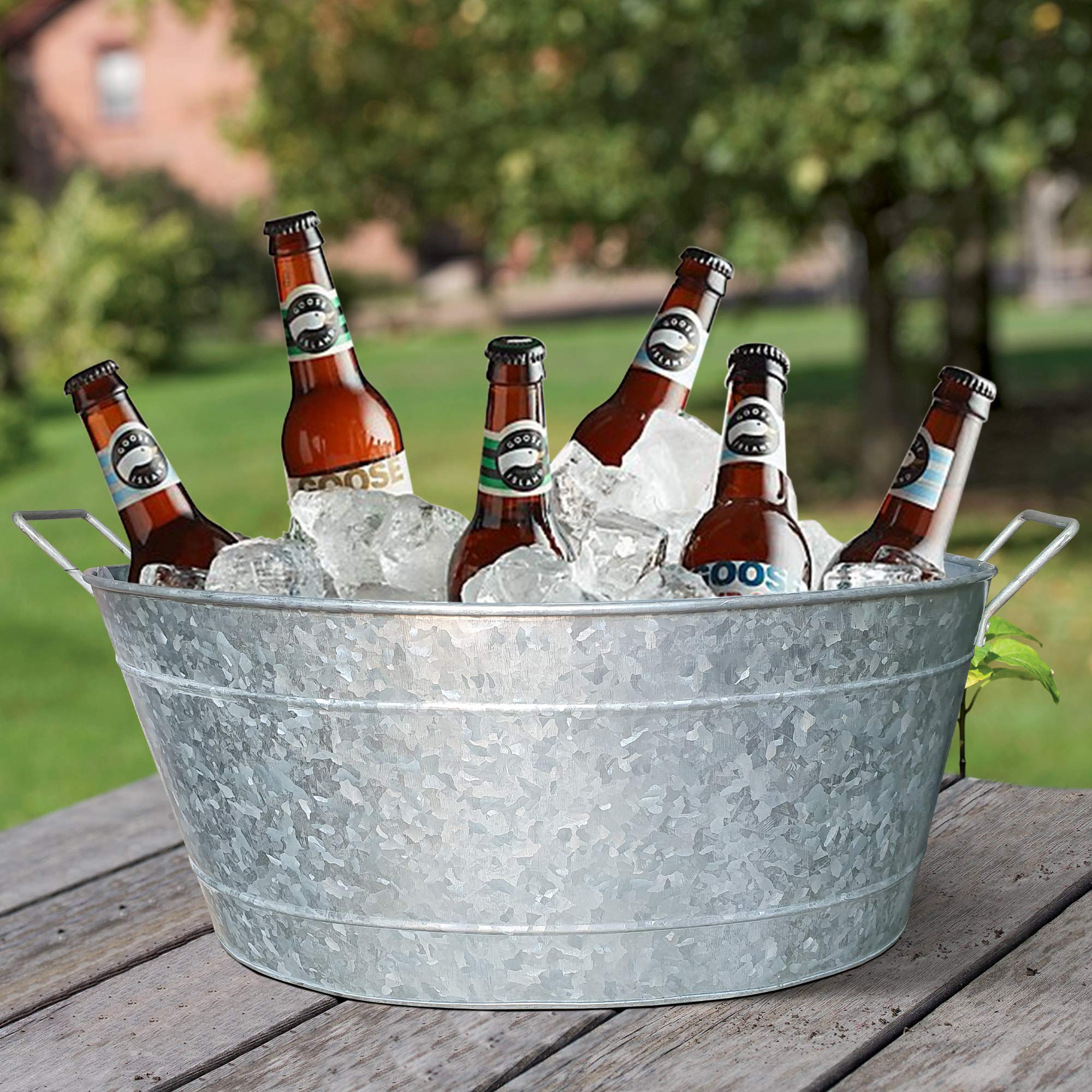 Benjara BM195212 9 x 15 x 21 in. Embossed Design Oval Shape Galvanized Steel Tub with Side Handles, Silver - Small