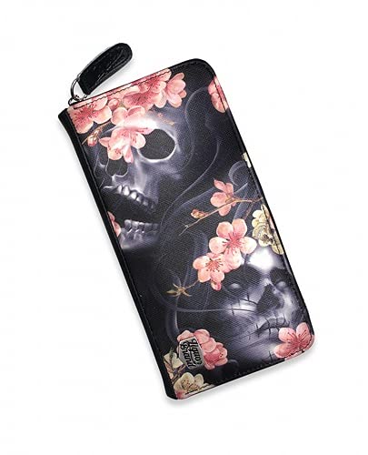 Liquorbrand Sakura Skulls and Pink Flowers Zip Around Wallet | Dia De Los Muertos
