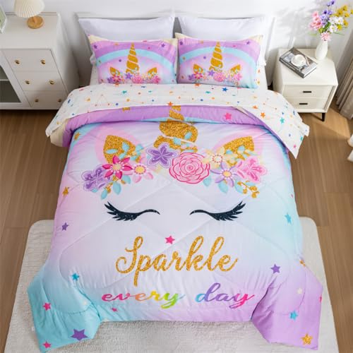NTBED Unicorn Twin Comforter Set with Sheets,5 Pieces Kids Bedding Sets for Girls, Lightweight Microfiber Star Rainbow Bed in a Bag,Blue Purple