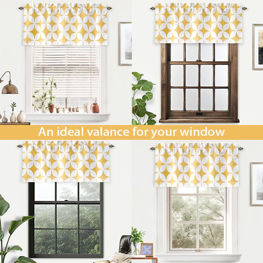 DriftAway Amelia Retro Geo Pattern Round Circle Star Print Blackout Valance Rod Pocket Curtain Single 52 Inch by 18 Inch Plus 2 Inch Header Yellow