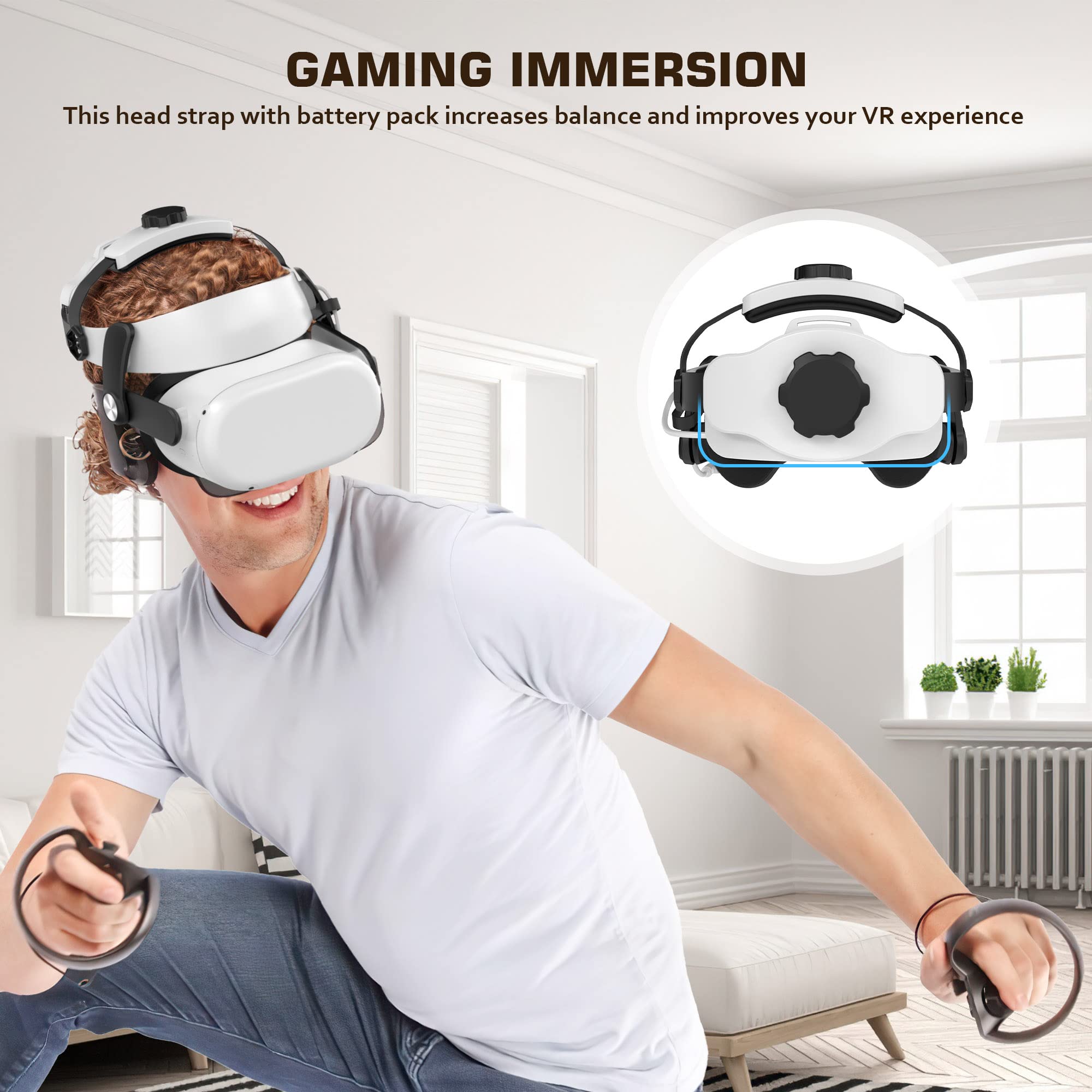 Head Strap for Meta/Oculus Quest 2 with 5300mAh Battery Pack, Rechargeable Power Bank Extend Playtime, Enhanced Support & Gaming Immersion & Balance Weight Design in VR Accessories for Adults & Kids