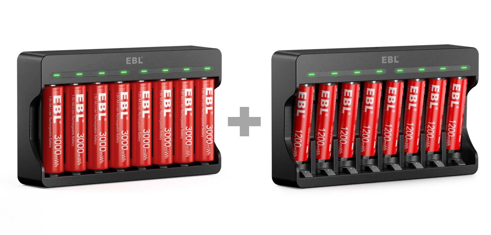 EBL AA AAA Lithium Batteries with Charger Combo 1.5V Rechargeable Battery 8-Pack AA Lithium Batteries 3000mWh & 8 Pack AAA Lithium Batteries 1200mWh with 8 Bay Battery Charger