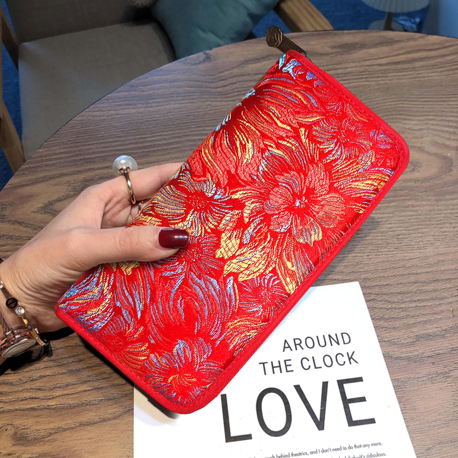 Yongkai Women's Wallet Canvas Wristlets Bag Zip Around Clutch Holder Clutch with Removable Strap Featured Embroidered Multi-card Slot Wallet(Red Flowers)