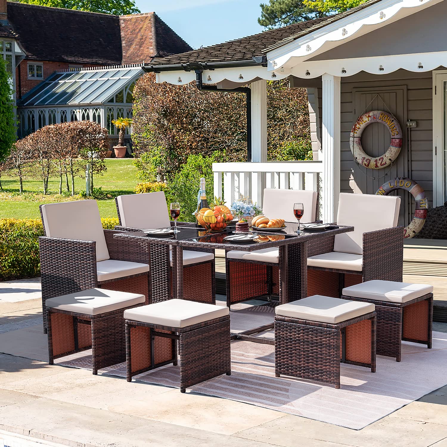 Homall 9 Pieces Dining Outdoor Furniture Patio Wicker Rattan Chairs and Tempered Glass Table Sectional Conversation Set Cushioned with Ottoman (Brown)