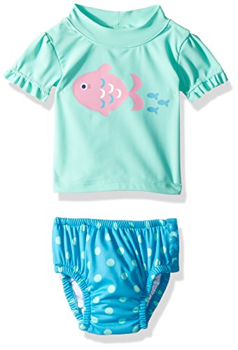 Kiko & Max Girls' Rashguard and Diaper Cover Swim Set, Mint Fish, L