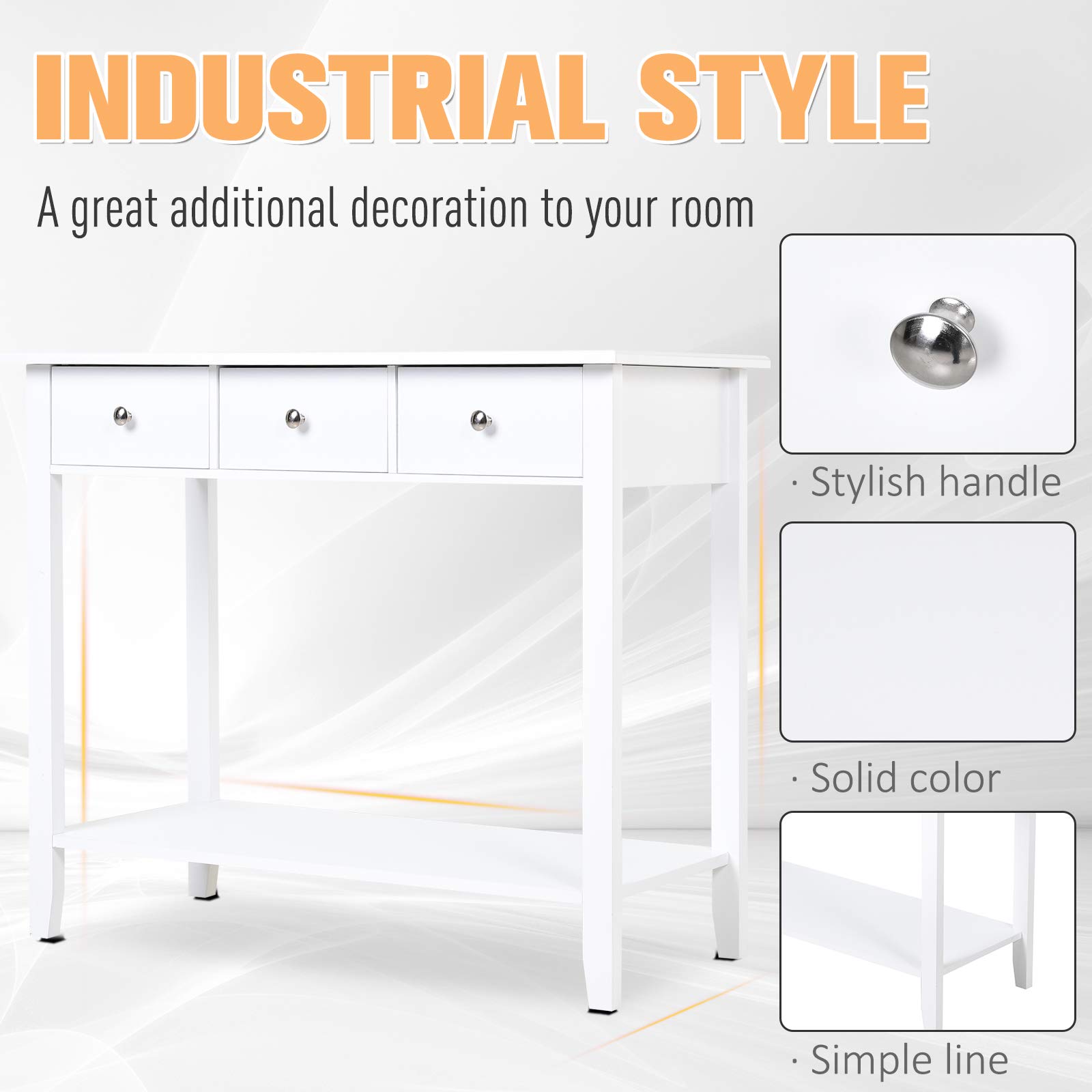 HOMCOM Console Table Industrial Desk with Drawer Bottom Shelf & Large Tabletop for Entryway or Living Room, White