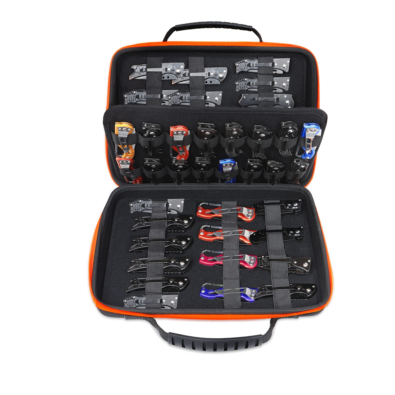 Pocket Knife Display Case, Folding Knife Holder, Mini Knives Carrying Case,Small Knife Collection Pouch Carrier Roll for Hiking,Hunting and Camping Outdoor Activities, Black & Orange, 62 Slots